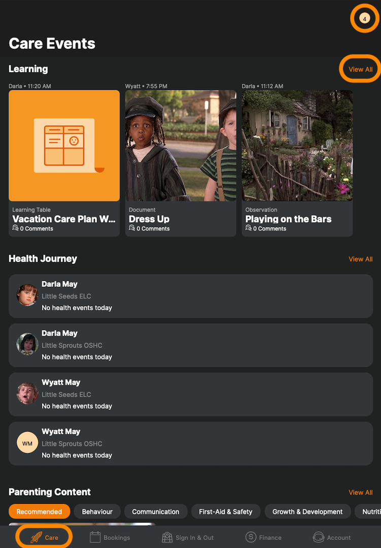 Home App: Care Learning Timeline